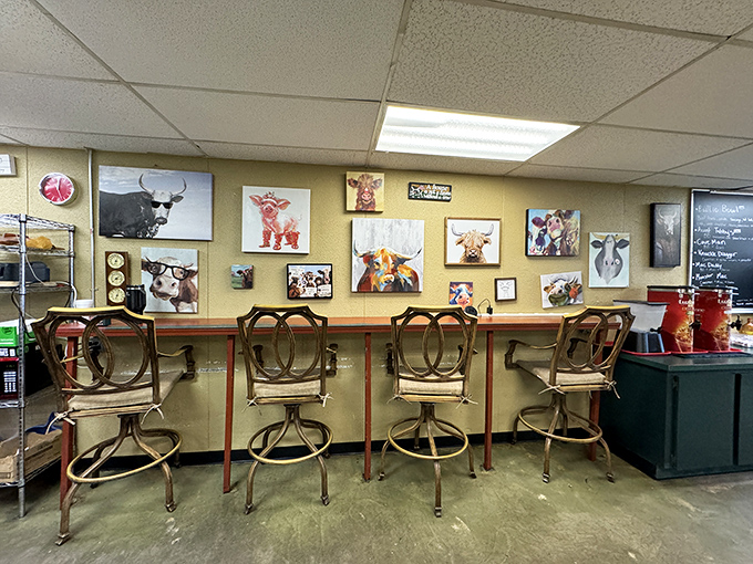 Quirky cow art watches over diners like bovine guardians of a place that takes hot dogs seriously but not much else.