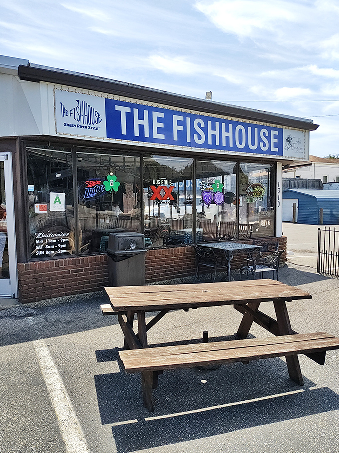 That picnic table outside The Fish House is like a front-row seat to the best show in town: perfectly fried seafood.