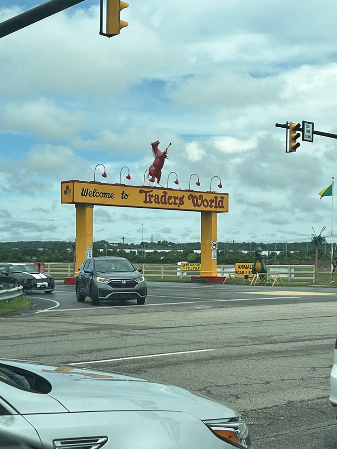 The iconic red horse welcomes you to Traders World. Like a retail Narnia where every wardrobe might hide a treasure.