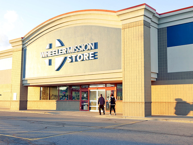 The blue and white fa&ccedil;ade of Wheeler Mission Store&mdash;where hotel furniture goes for its retirement tour.