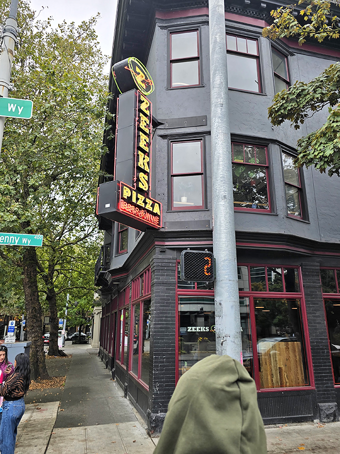 Historic building, modern pizza philosophy. Zeeks' corner location has witnessed decades of Seattle life passing by.