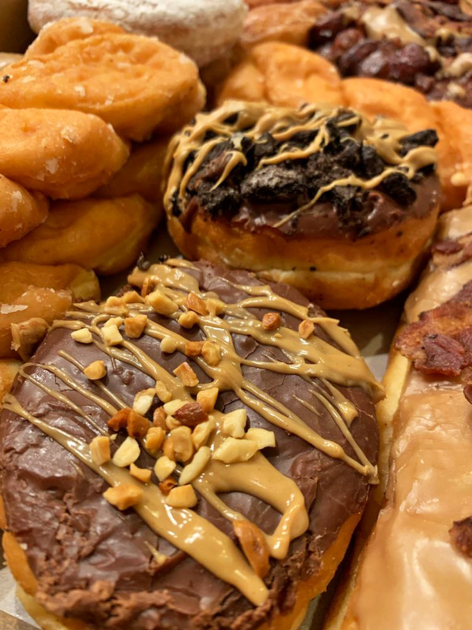 Like a Renaissance painting of carbs, this array showcases the artistry of donut craftsmanship. The apple fritter looks like it's auditioning for stardom.