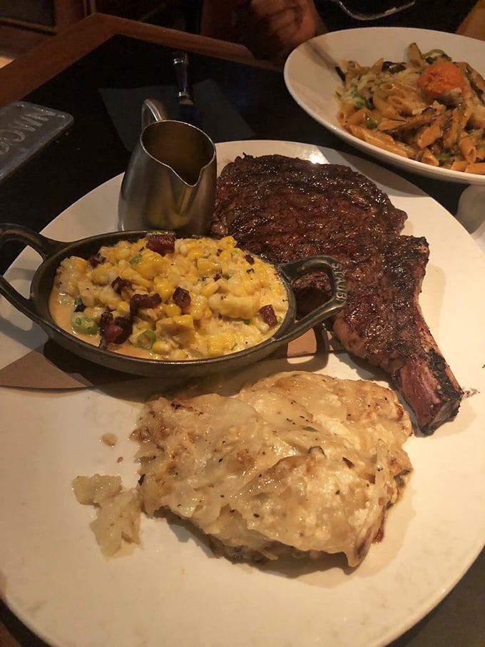 A proper steak, brussels sprouts that could convert vegetable skeptics, and a loaded potato that's dressed better than I am most days.