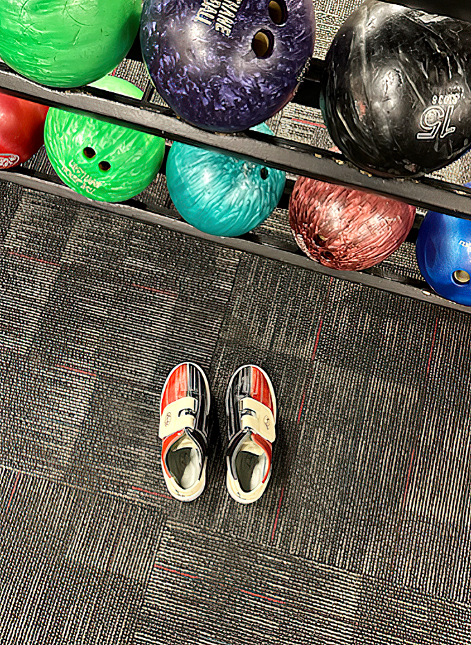 Those iconic red and white rental shoes - fashion's greatest humbler and bowling's great equalizer. We all look ridiculous together!