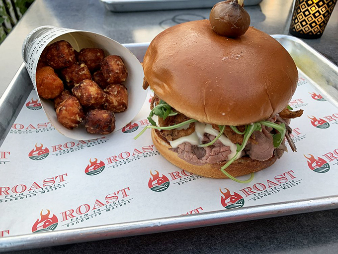 The only thing more perfect than this roast beef sandwich is its sidekick &ndash; those golden-brown tots that crunch like nature's most perfect snack.