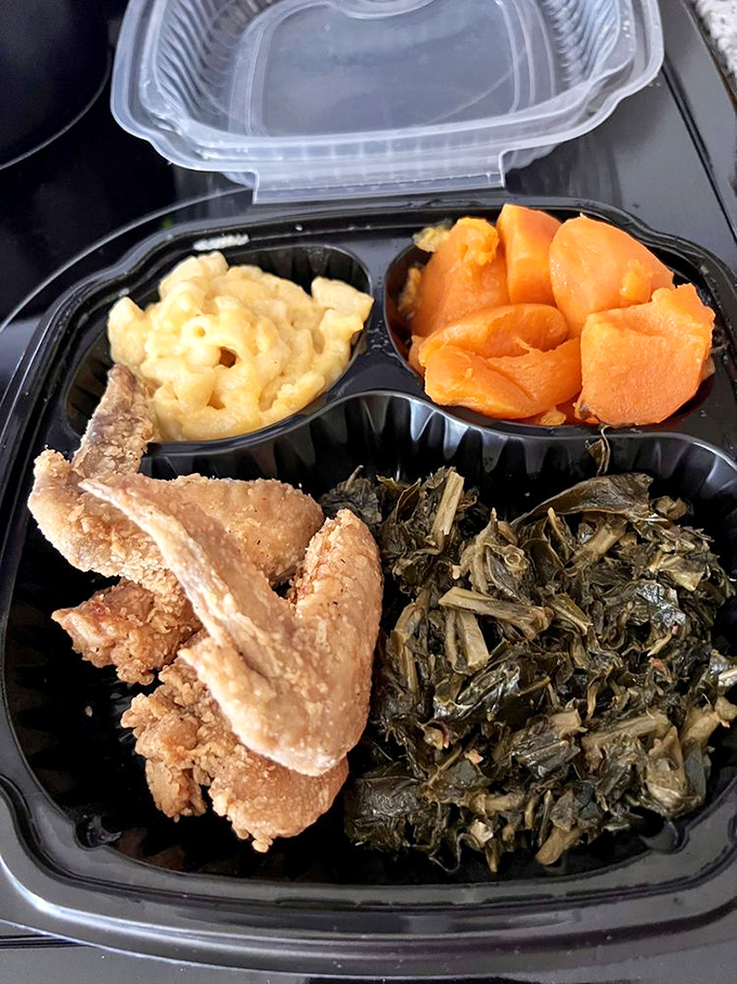 Soul food's greatest hits on one plate. That cornbread deserves its own Grammy for supporting the headlining chicken act.