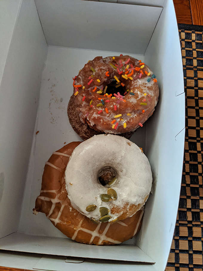 Donut diplomacy in action—three distinct personalities sharing one box, no squabbling, just the silent agreement that all will be devoured within minutes.