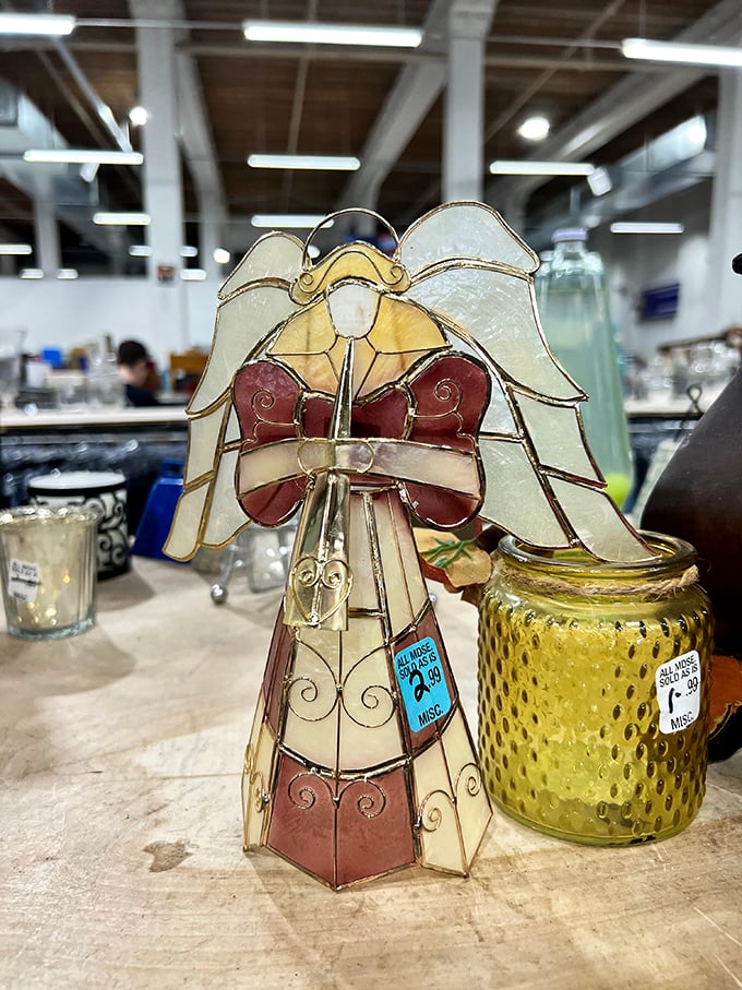 Stained glass angels and honeycomb-textured vases sit patiently, waiting for someone to recognize their beauty and give them a second chance at decorative glory.