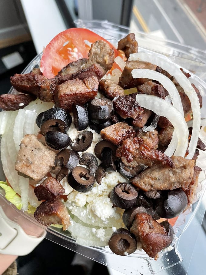 This Greek salad crowned with gyro meat turns "eating your vegetables" from chore to celebration. Feta makes everything betta.