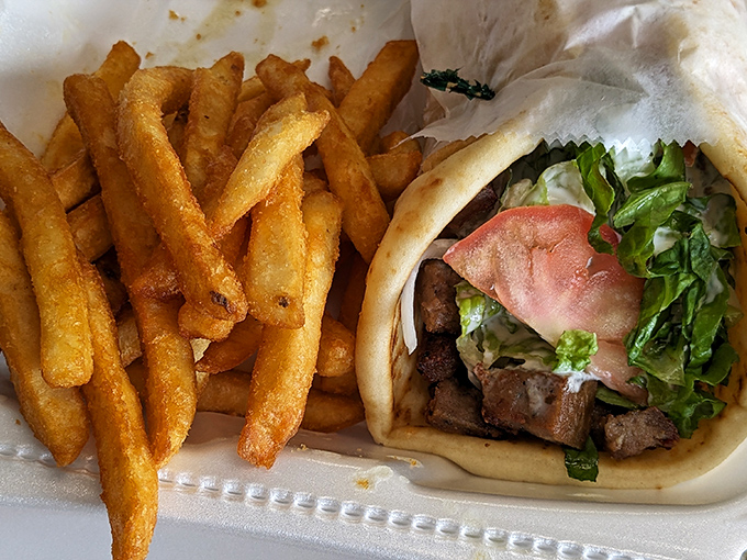 The marriage of crispy fries and succulent gyro meat. Like peanut butter found jelly and thought, "We belong together."
