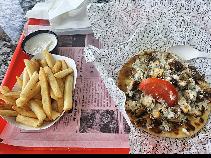 Golden fries beside a fluffy pita creation&mdash;proof that sometimes the world's most satisfying meal doesn't require a reservation or dress code.