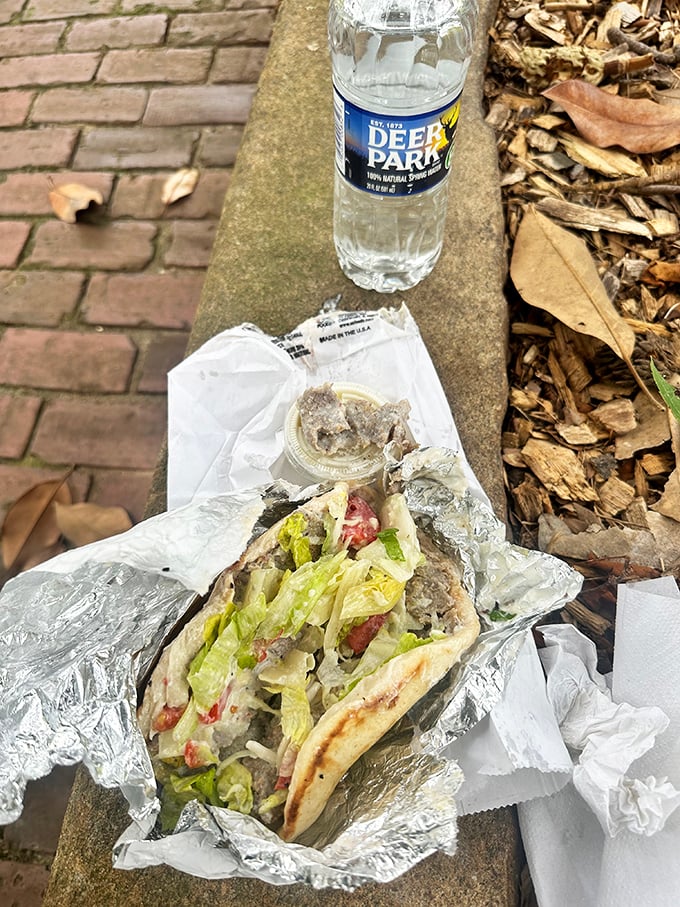 Outdoor dining at its most authentic&mdash;a bench, a bottled water, and a gyro that makes fancy restaurant meals seem unnecessarily complicated.