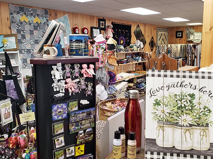 A crafting cornucopia that would make Martha Stewart weak in the knees. Seasonal decorations and handmade gifts complement the fabric selection.