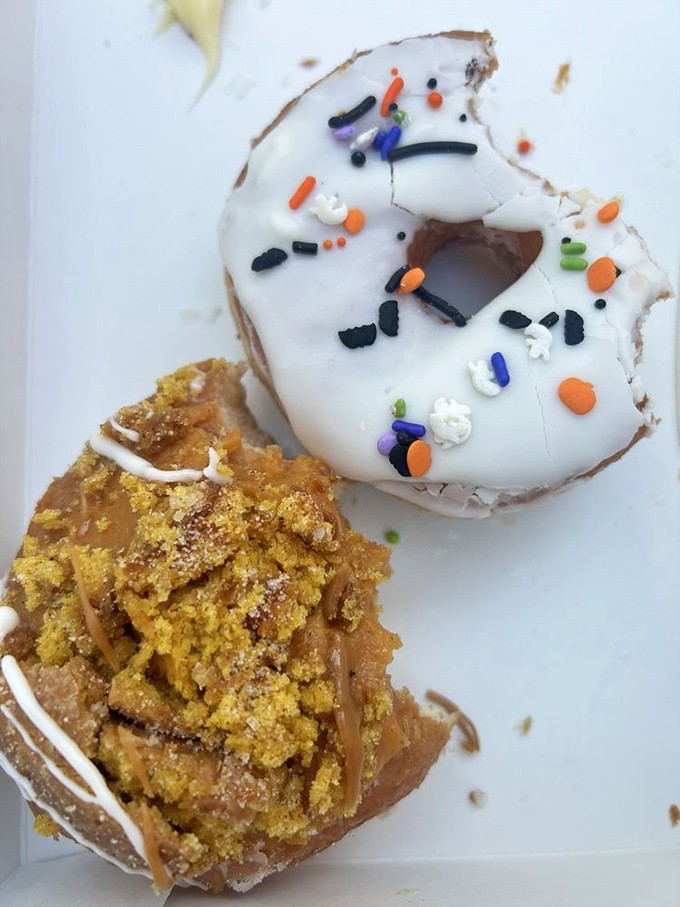 Halloween meets heaven in this duo. The sprinkled white donut wears its costume proudly while its pumpkin-spiced friend steals the show.