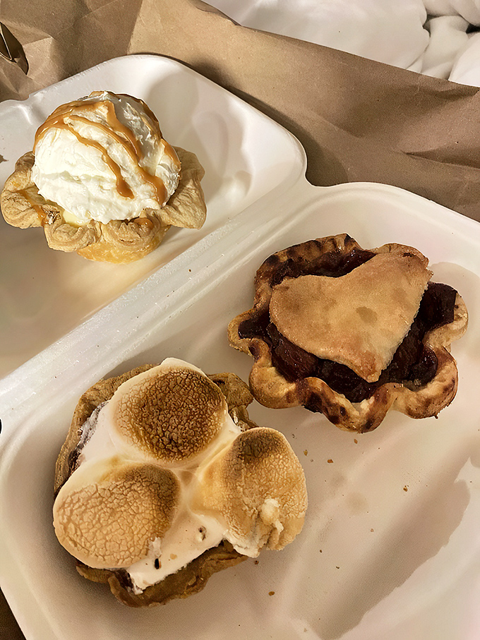 Three distinct personalities on one tray: creamy decadence, toasted marshmallow dreams, and a berry beauty with a heart-shaped crust hat.