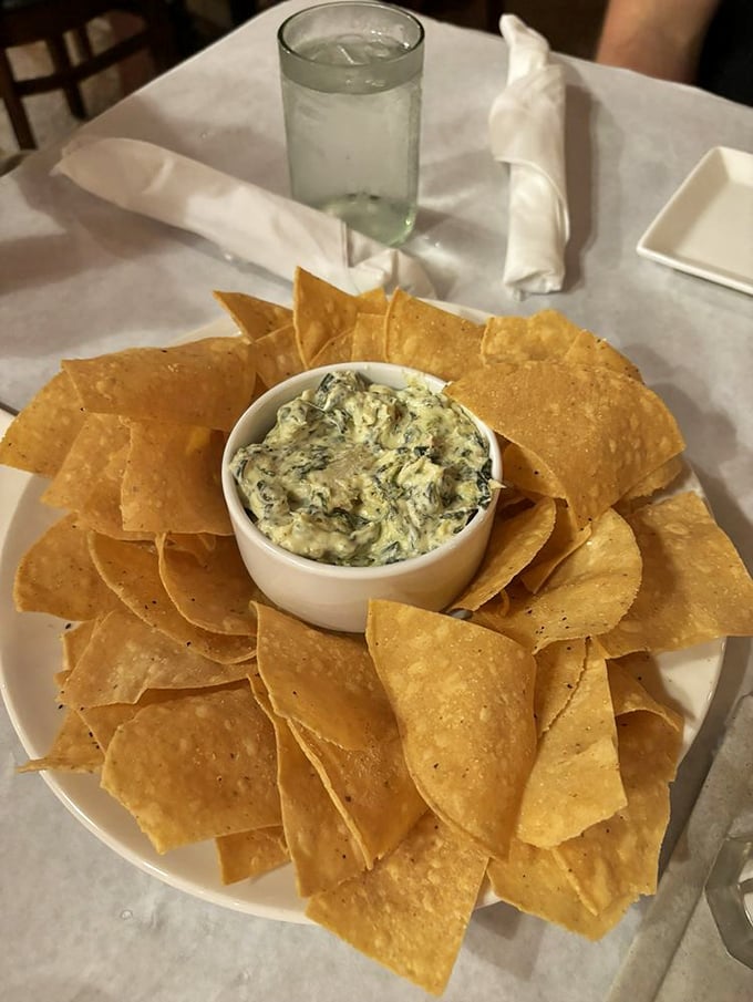 Tortilla chips surrounding creamy dip like eager fans at a concert. This appetizer understands the meaning of "crowd-pleaser."