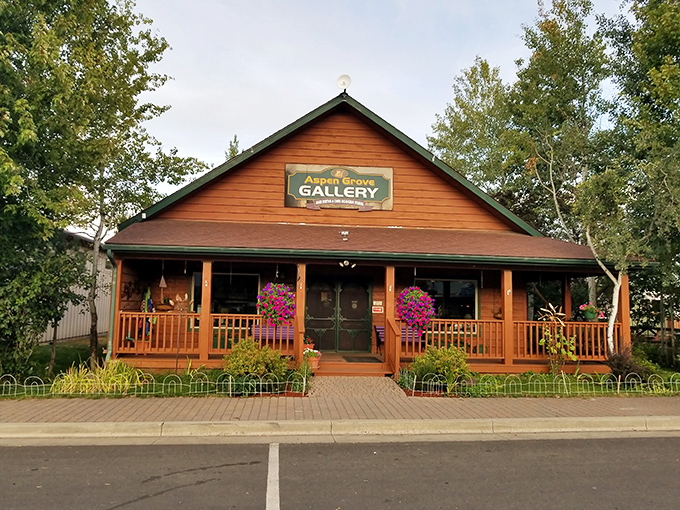 Aspen Grove Gallery's welcoming porch practically whispers, "Come sit a spell," proving art belongs in cabins just as much as in concrete museums.