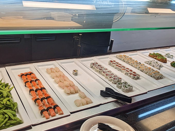 The sushi section stands as a colorful testament that buffet sushi can actually be fresh and appealing. These aren't just obligatory rolls—they're legitimate contenders.