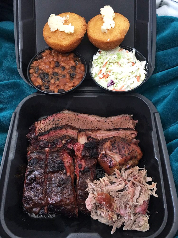 The BBQ sampler: for when your greatest fear is food envy. Brisket, ribs, pulled pork, and chicken together in one glorious meat symphony.