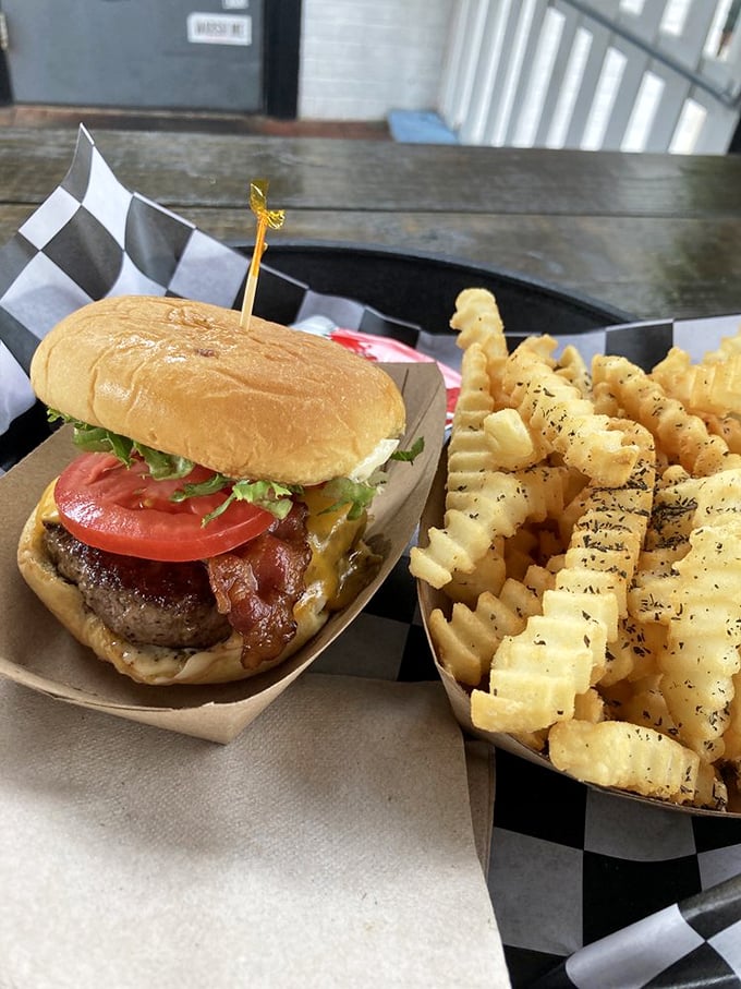 Classic simplicity: bacon, cheese, lettuce, tomato, and a perfectly charred patty. Sometimes the old standards become standards for a reason.