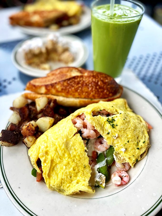 Breakfast alchemy at its finest&mdash;a fluffy omelet stuffed with bay shrimp and vibrant veggies. That green smoothie is just virtue signaling.