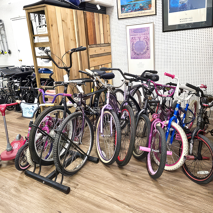 Bicycle heaven for wheel enthusiasts of all ages. That pink beauty would've made my childhood self pedal with unprecedented swagger.