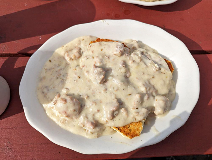 Biscuits and gravy: the breakfast equivalent of a warm hug from your favorite grandparent. Creamy, peppery, and absolutely worth the drive.