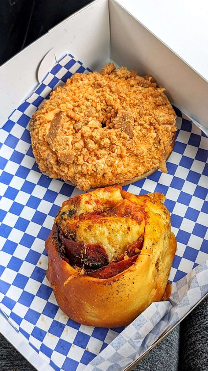Savory meets sweet in this unexpected duo. The pepperoni bun proves that breakfast and lunch can coexist in perfect harmony.