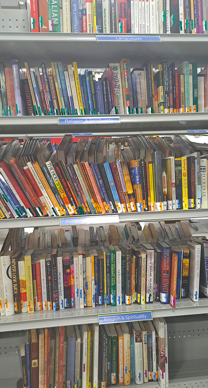 Books organized by category create a library of possibilities. From spiritual guidance to language learning, someone else's discarded wisdom becomes your new inspiration.