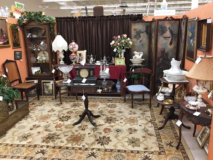 This booth looks like it was plucked straight from a Victorian parlor. I half-expect to find Lady Violet herself sitting in that chair, dispensing wisdom.