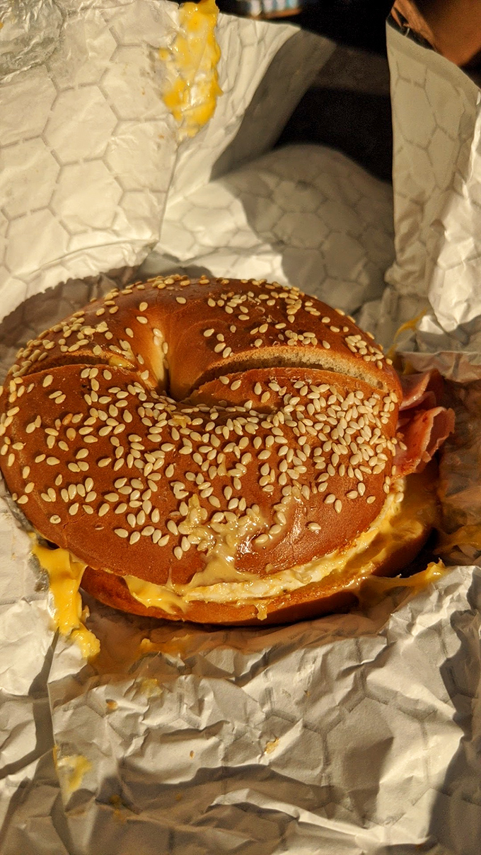 This isn't just a breakfast sandwich; it's morning architecture. The sesame bagel provides the perfect foundation for melty cheese and savory fillings.