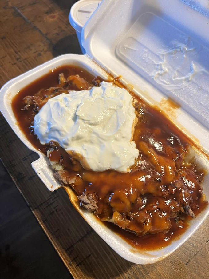 Brisket swimming in its own juices with a cloud of sour cream on top. It's like meat hot tub meets dairy snowcap&mdash;pure comfort.