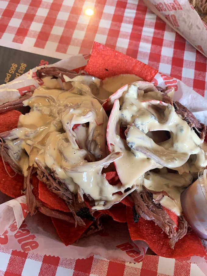 Whoever first put brisket on nachos deserves a Nobel Prize. The sauce-to-meat-to-cheese ratio here is mathematical perfection.