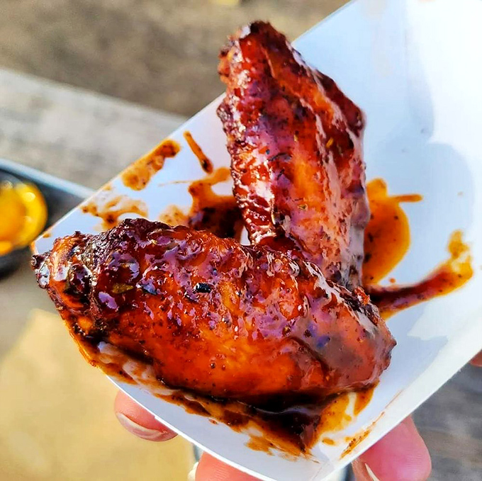 These wings aren't playing around. Glazed to perfection and ready to make your taste buds do a happy dance.