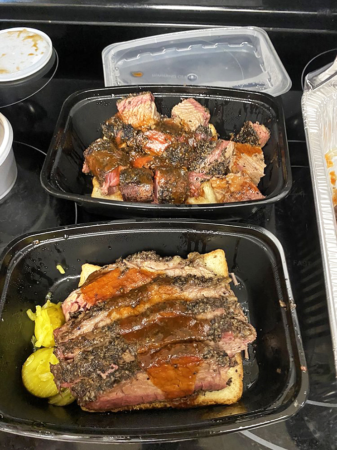 Behold the holy trinity of BBQ&mdash;brisket with that perfect smoke ring, burnt ends with caramelized edges, and pickles for that acidic counterpoint.