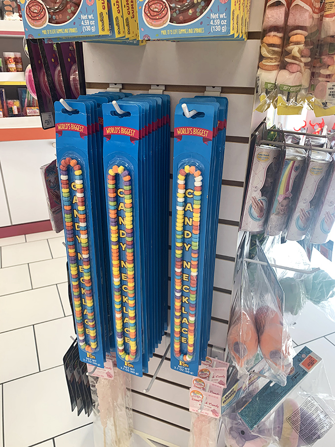 "World's Biggest" candy necklaces hang like sugary medals of honor. Wearing one is both fashion statement and emergency snack supply.