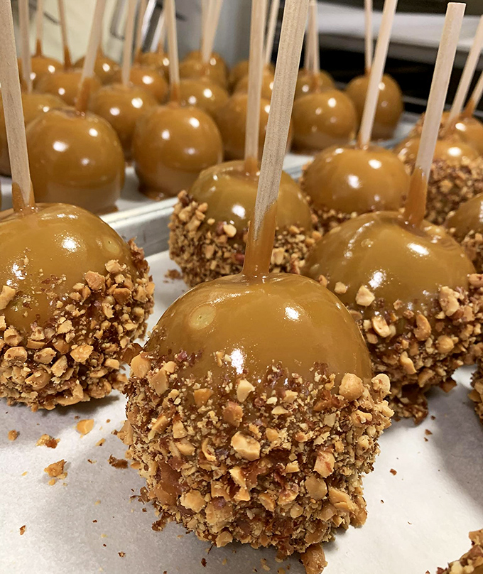 Caramel apples wearing nutty tuxedos stand at attention, nature's healthy fruit disguised as dessert in the ultimate sweet identity crisis.