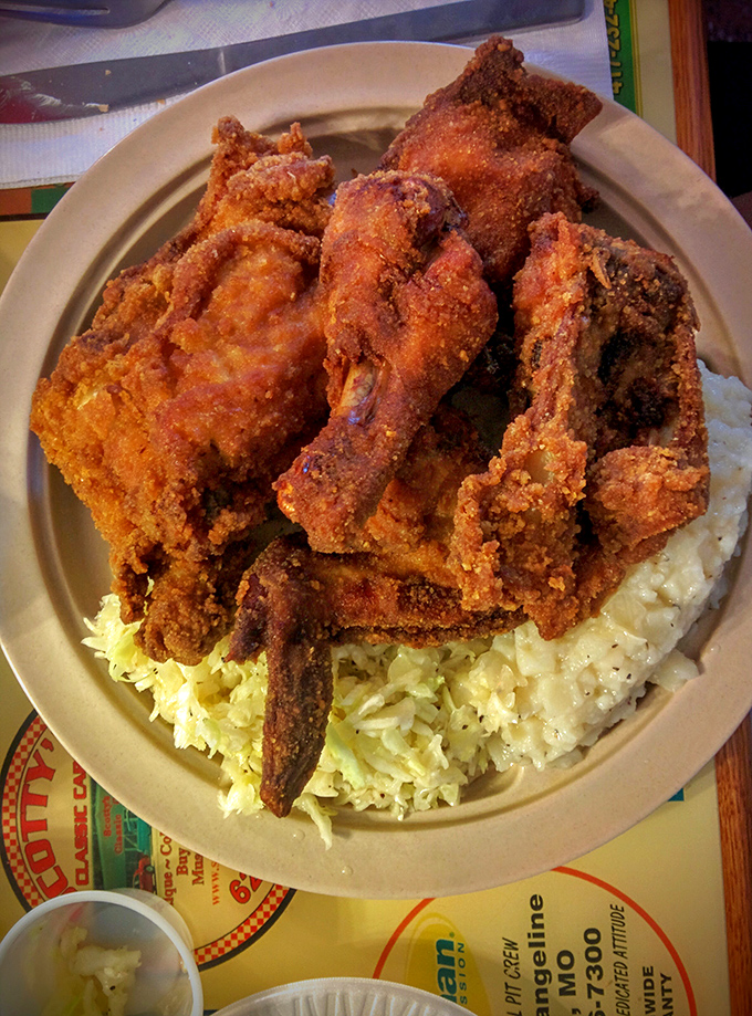 Comfort on a plate: perfectly fried chicken alongside mashed potatoes and coleslaw &ndash; the holy trinity of heartland dining.