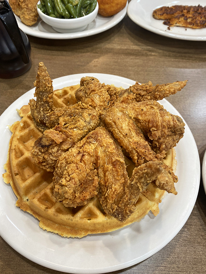 The chicken and waffle alliance&mdash;where crispy meets fluffy in a treaty of deliciousness that settles the breakfast-or-lunch debate once and for all.