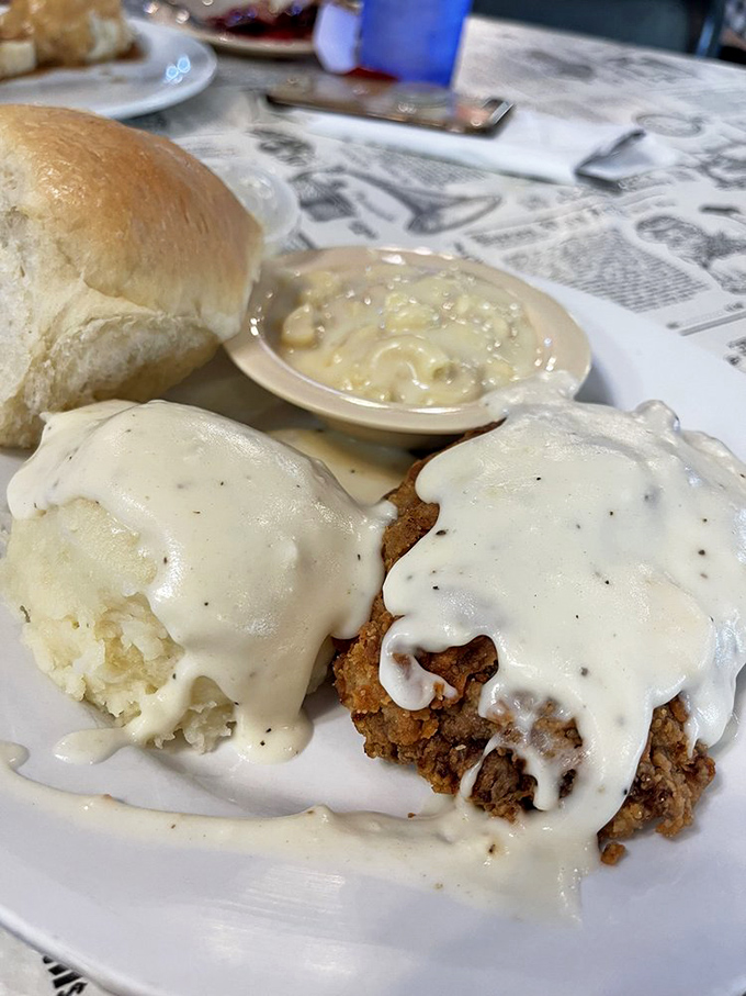 Chicken fried steak smothered in gravy so good you might be tempted to drink it with a straw, alongside mashed potatoes that never saw the inside of a box.