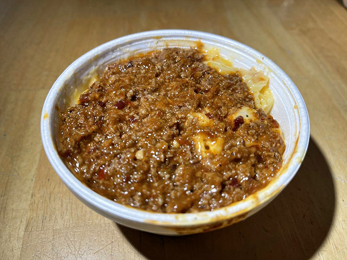 Chili Mac: comfort food's final form. This bowl contains more happiness than most people experience in an entire afternoon at Disney World.