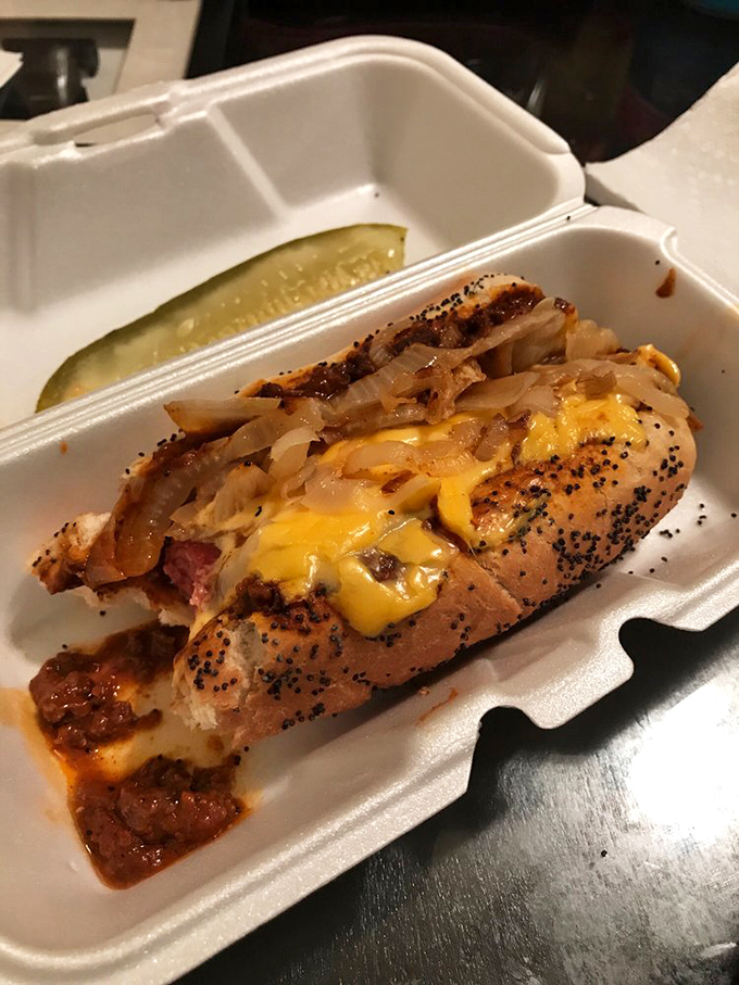 Even in a to-go container, this chili dog maintains its dignity. The cheese melts with such commitment it should receive an award for loyalty.