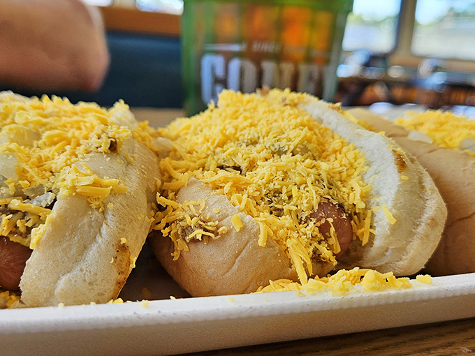 Hot dogs elevated to art form with that signature drizzle of chili and sauce. The kind of simple pleasure that makes you question why anyone would eat anything else.