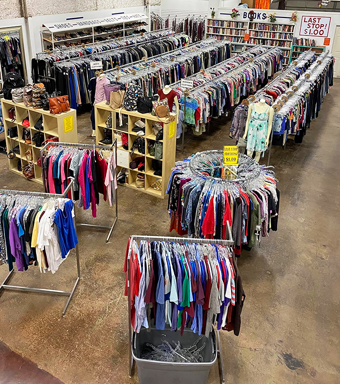 A rainbow of previously-loved garments awaits new adventures. Somewhere in these racks is the perfect vintage band shirt you've been searching for.