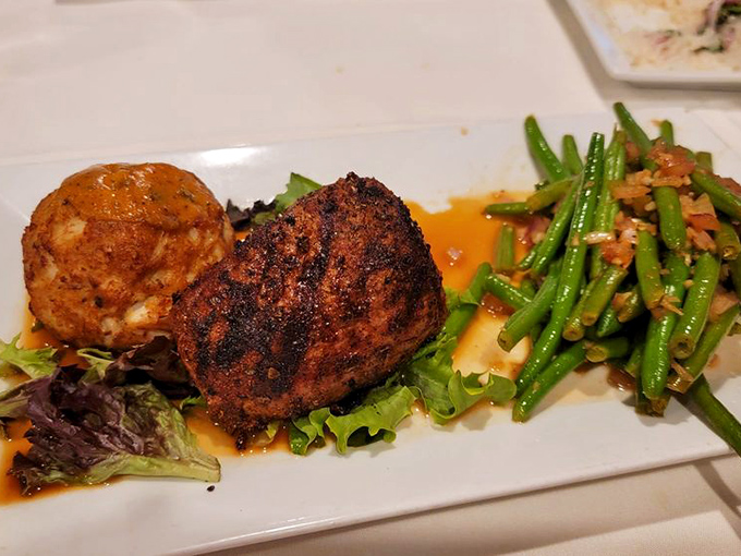The holy trinity of Maryland dining: a perfect crab cake, a petite filet, and green beans that didn't get the memo about side dishes being afterthoughts.