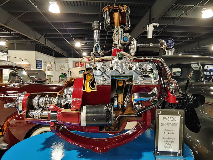 Mechanical poetry: This cutaway engine display reveals the inner genius of Ford's revolutionary V-8, looking more like industrial sculpture than mere machinery.
