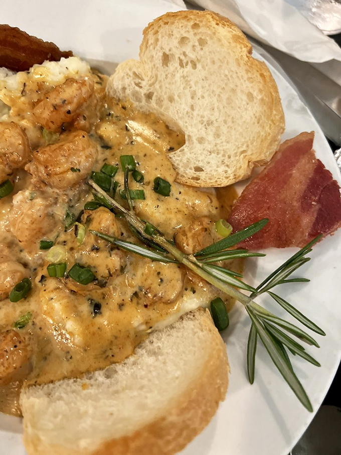 Breakfast architecture at its finest &ndash; layers of flavor built on a foundation of creamy grits, with shrimp so fresh they practically wink at you.