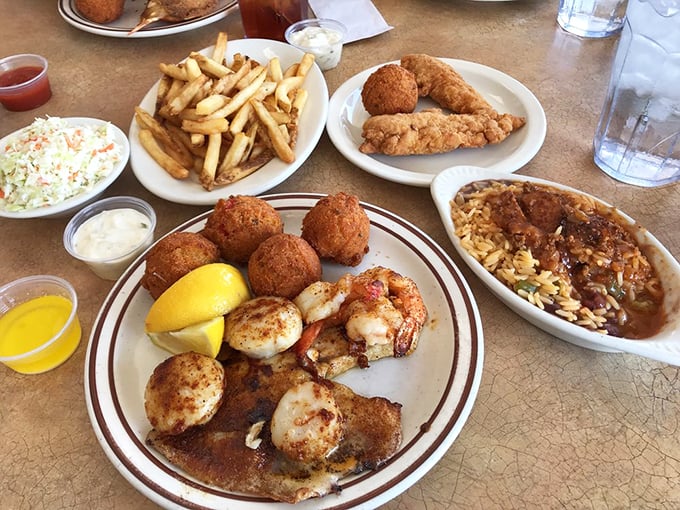 The seafood platter that launched a thousand food dreams. Scallops, shrimp, and fish living harmoniously on one blessed plate.
