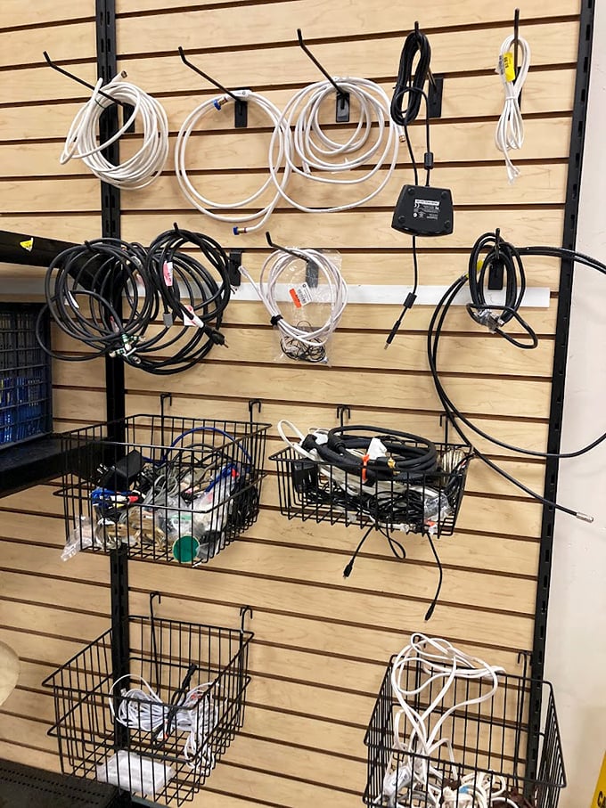 The electrical department: a tangle of modern life's necessities. One person's cord clutter becomes another's "exactly what I needed!"
