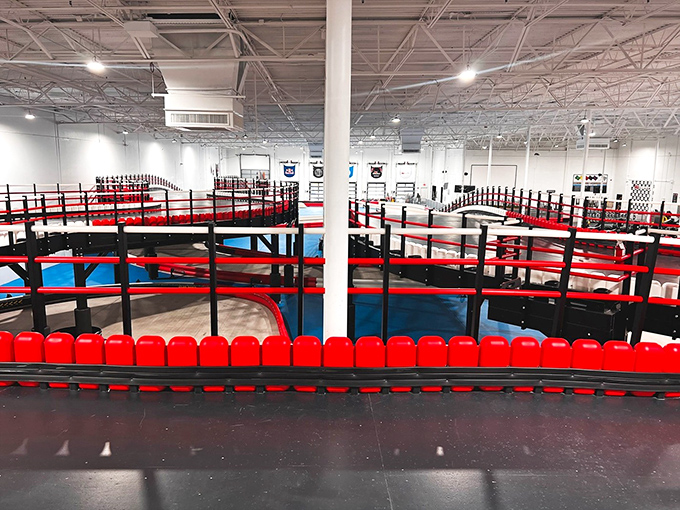 Engineering meets entertainment in K1 Speed's multi-level track design. The architects clearly understood that going downhill adds an extra thrill factor.